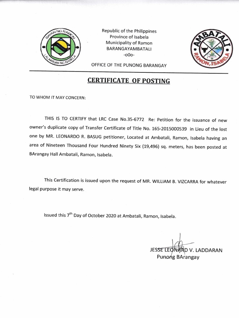 Exhibit G Certificate of Posting (Barangay) Dated October 7, 2020 | PDF