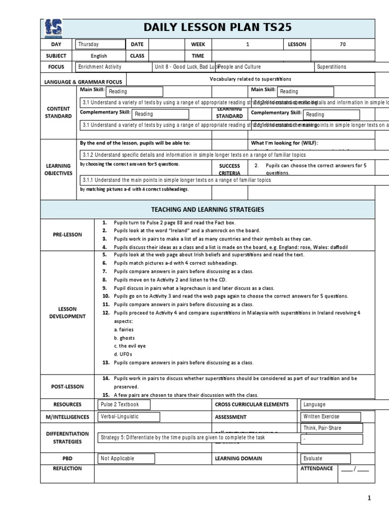 Form 2 Lesson 70 Enrichment Activity | PDF | Lesson Plan | Pedagogy