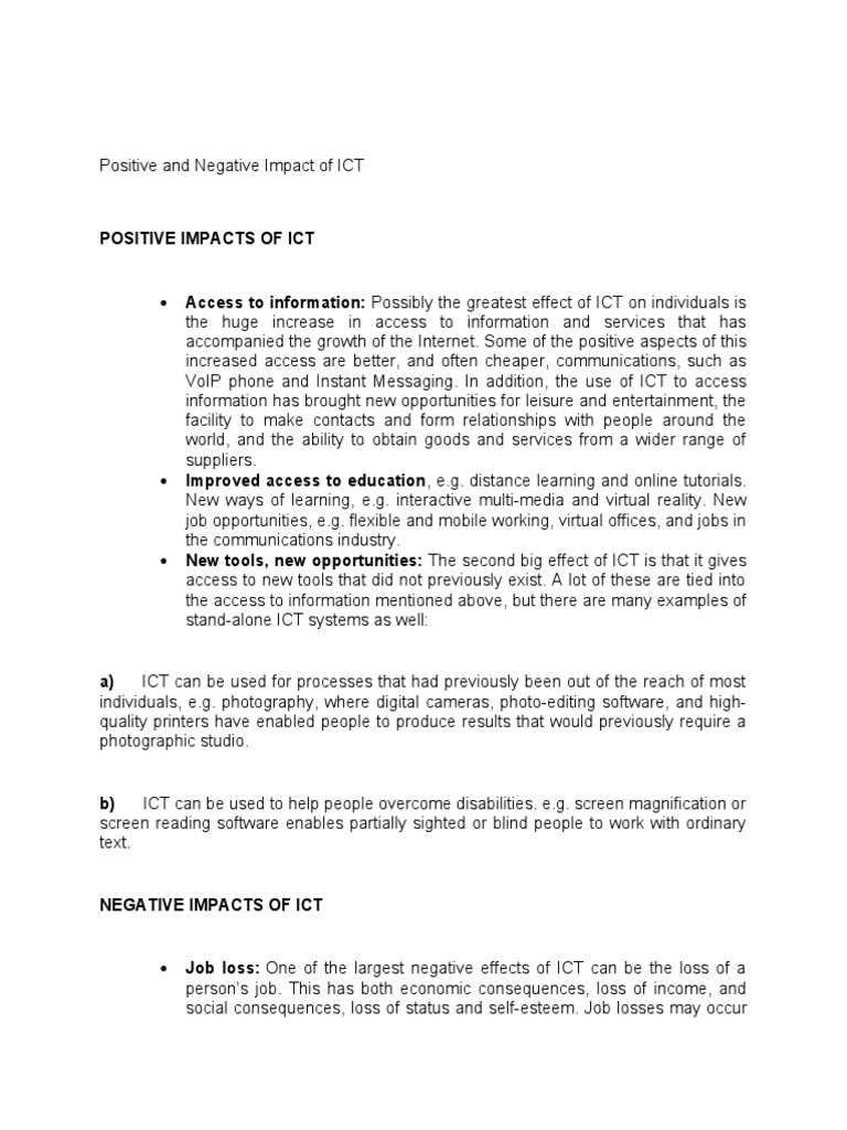 Positive and Negative Impacts of ICT | PDF | Educational Technology ...