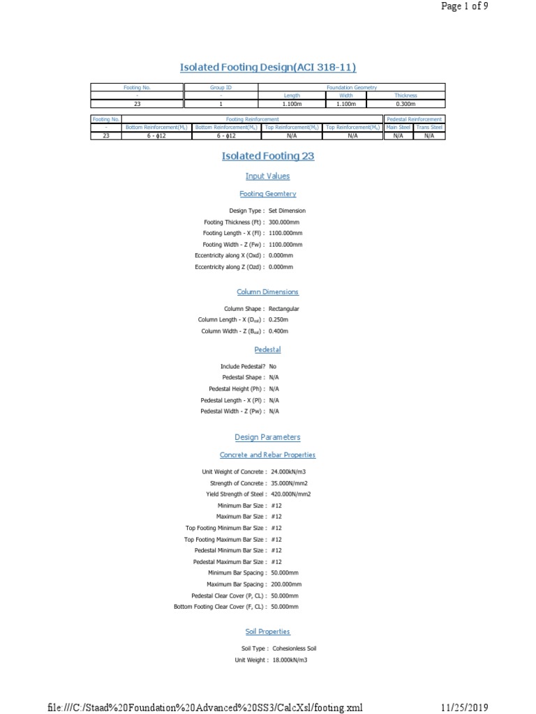 Isolated Footing Design (ACI 318-11) : Input Values | PDF | Applied And ...