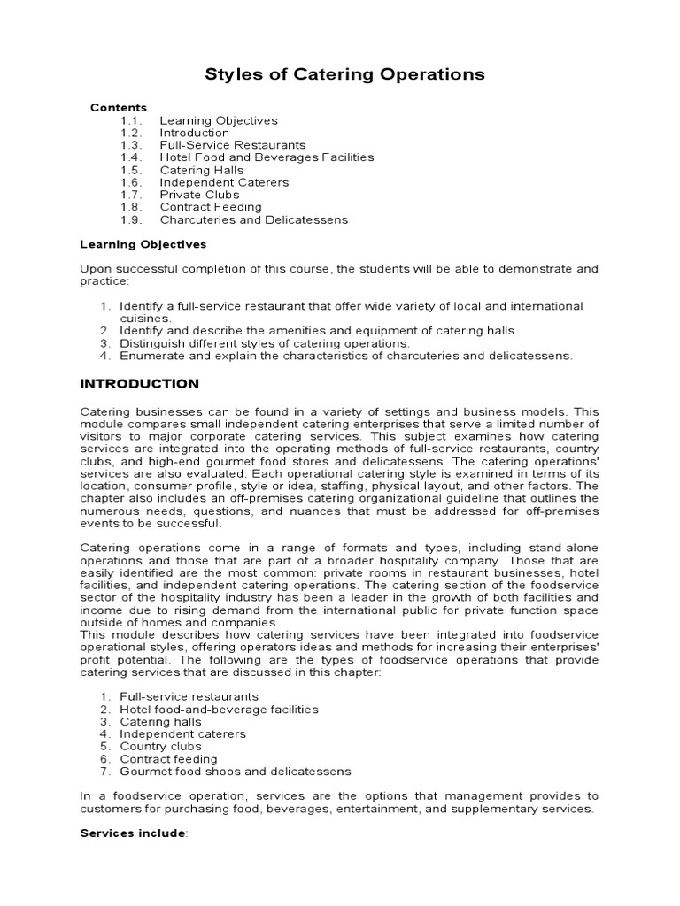 Styles of Catering Operations | Download Free PDF | Restaurants | Menu