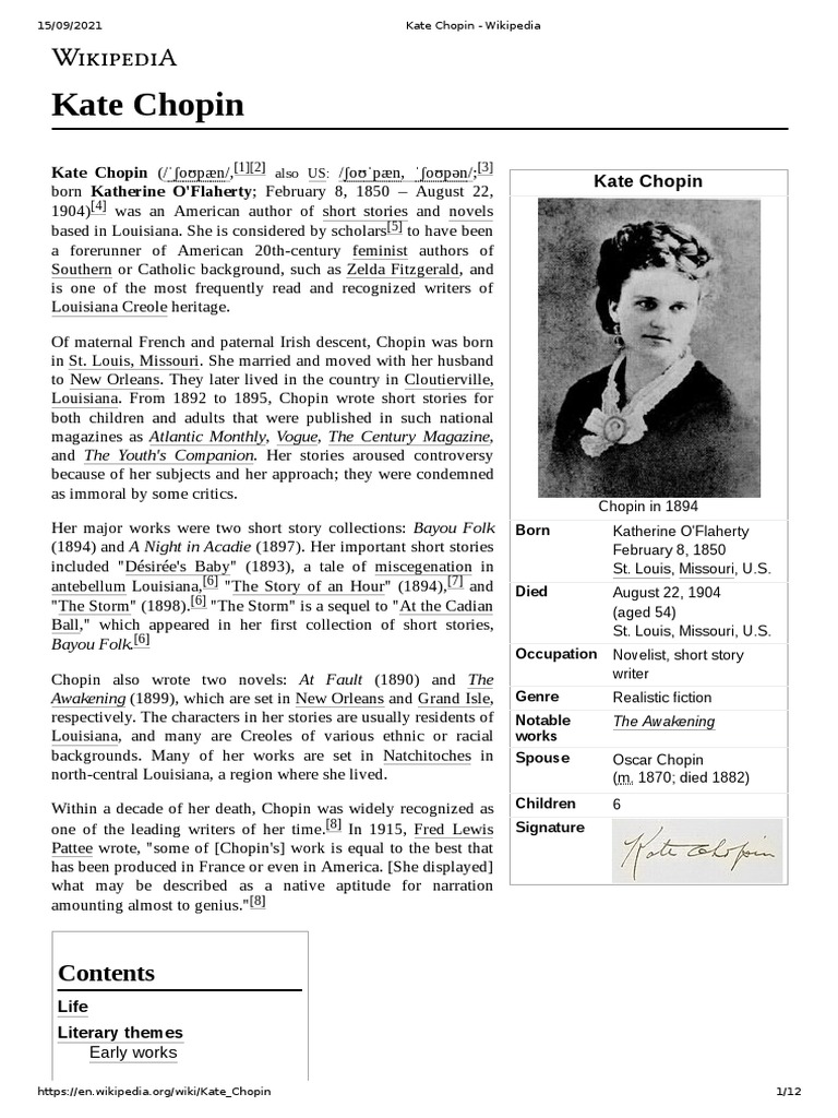Kate Chopin - Wikipedia | PDF | The Awakening (Chopin Novel)