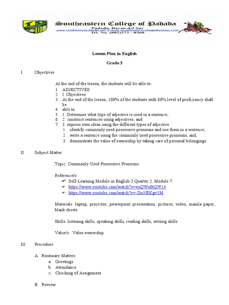 Lesson Plan in English Grade 3 | PDF | Teachers | Pronoun
