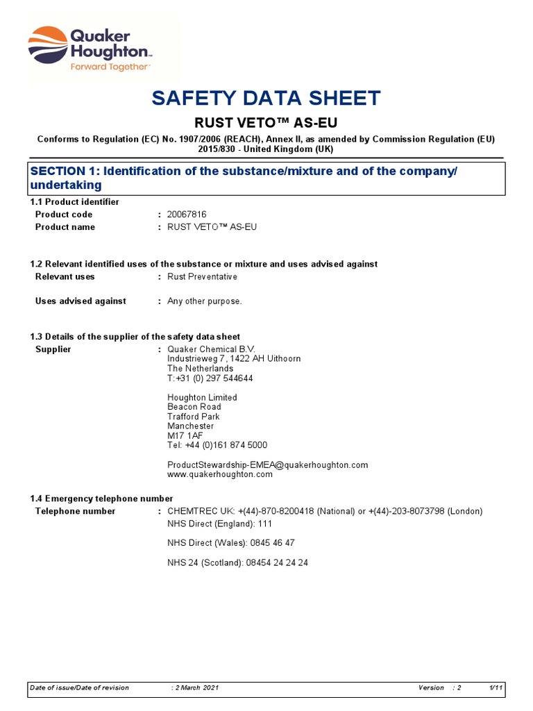 SDS Rust Veto As Eu | PDF | Firefighting | Toxicity
