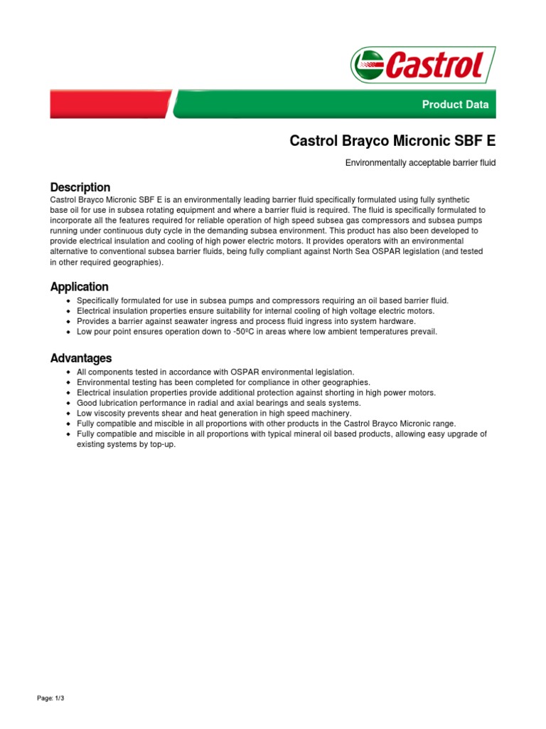 Castrol Brayco Micronic SBF E | PDF | Pump | Subsea (Technology)