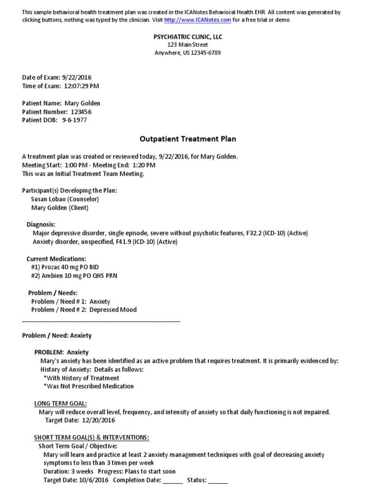 Depression and Anxiety Treatment Plan | PDF | Major Depressive Disorder ...