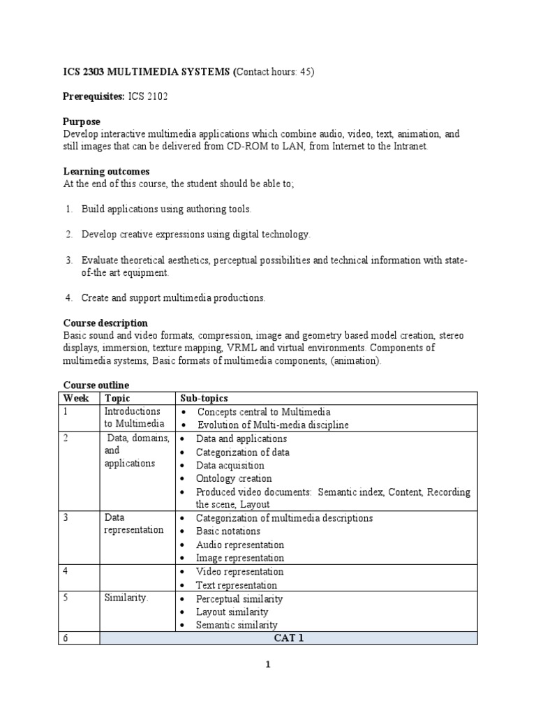 ICS 2303 Multimedia Systems Course Outline | PDF | Multimedia ...