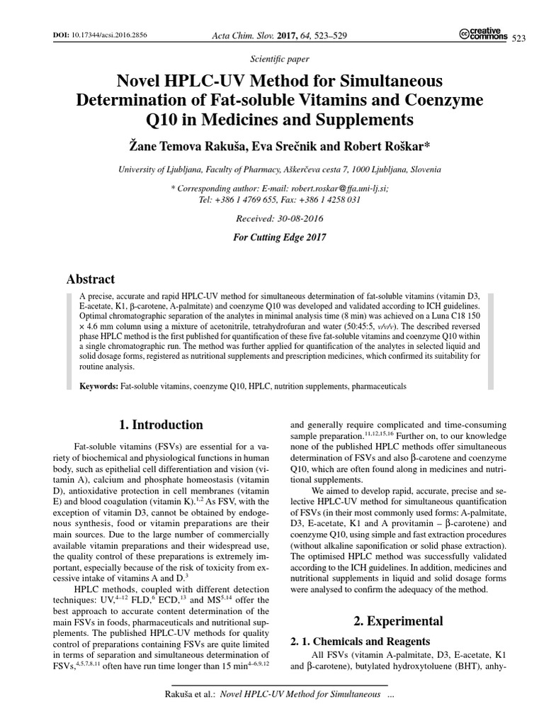 Novel HPLC-UV Method For Simultaneous Determination of Fat-Soluble Vitamins and Coenzyme Q10 in ...