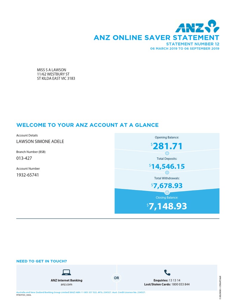 Anz Online Saver Statement: Welcome To Your Anz Account at A Glance ...