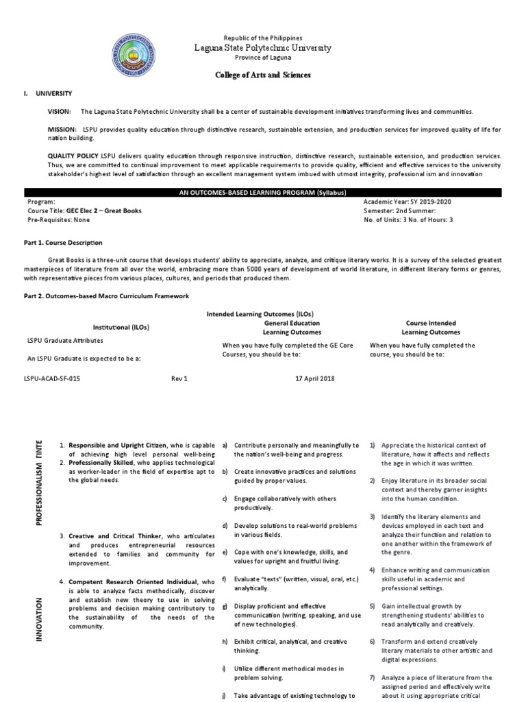 Gec Elec 2 Great Books Syllabus | PDF | Odyssey | Hero
