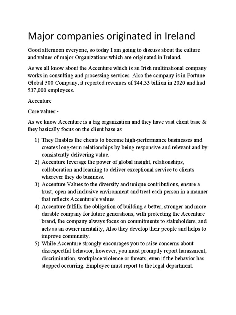 Major Irish Companies and Their Core Values | PDF | Accenture | Value ...