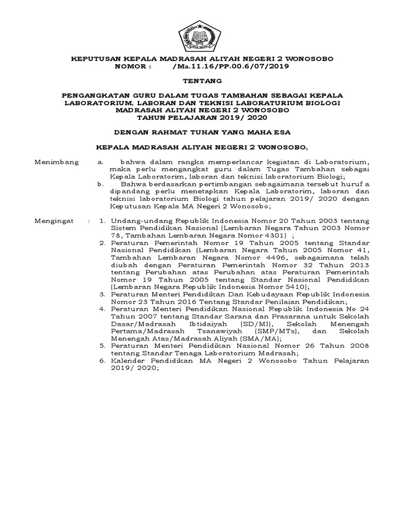 Pengangkatan Kepala Laboratorium Biologi | PDF