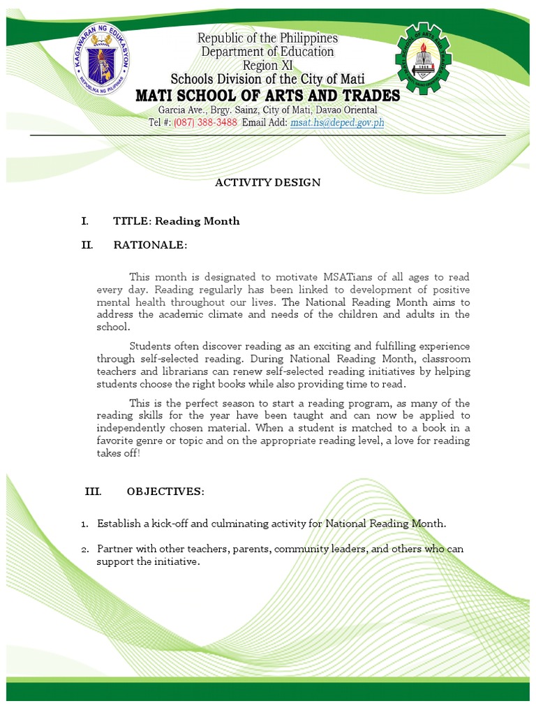 ACTIVITY DESIGN Reading Month | PDF | Teachers | Communication