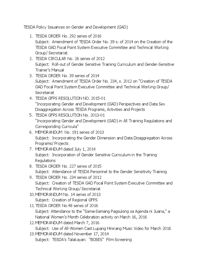 TESDA GAD Policy Issuances Overview | PDF | Gender Studies | Gender