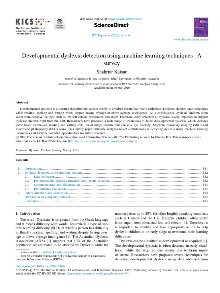 Developmental Dyslexia Detection Using Machine Learning Techniques: A Survey | PDF | Dyslexia ...