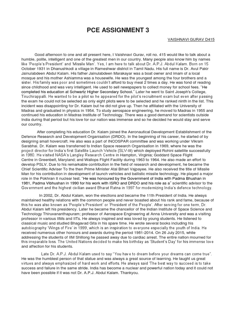 Pce Assignment 3: He Completed His Education at Schwartz Higher Secondary School. " | PDF