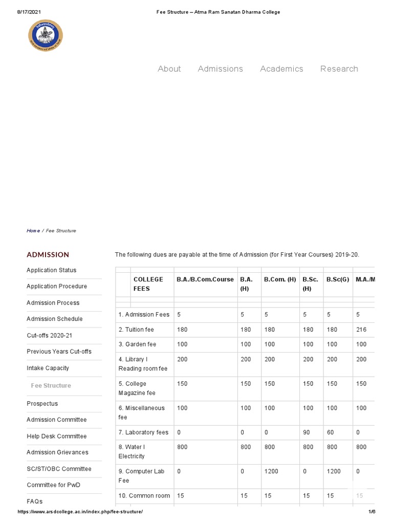 Fee Structure - Atma Ram Sanatan Dharma College | PDF | Fee
