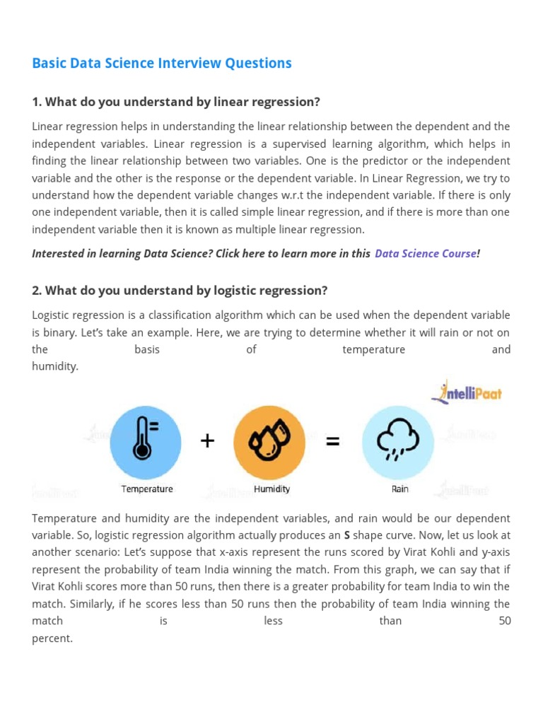 Basic Data Science Interview Questions: 1. What Do You Understand by Linear Regression? | PDF ...