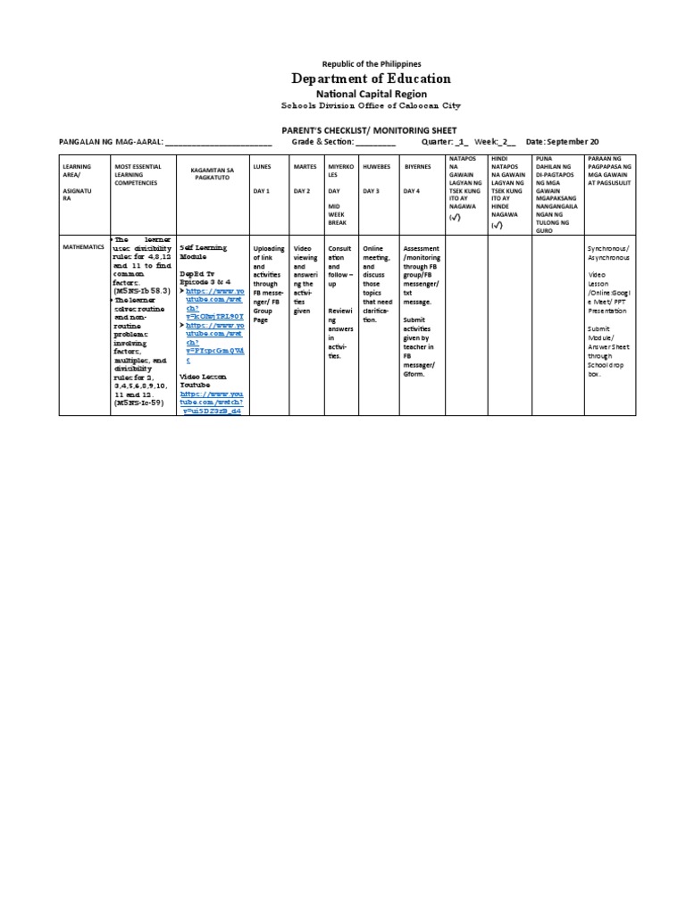 Parents-checklist-MATH Q1W2 | PDF | Cognition | Educational Psychology