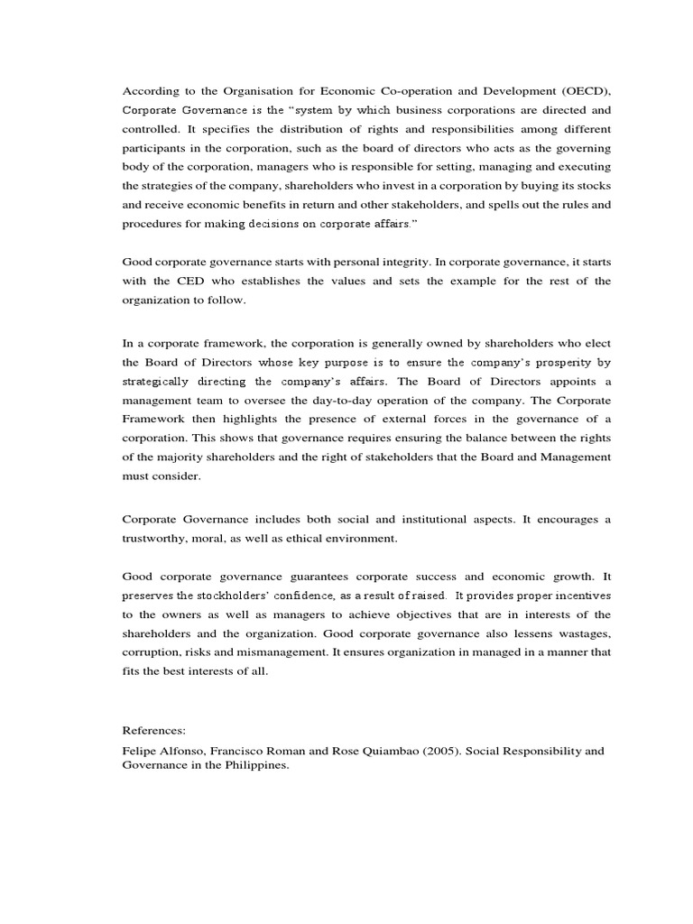 Reflection Paper On Corporate Governance | PDF