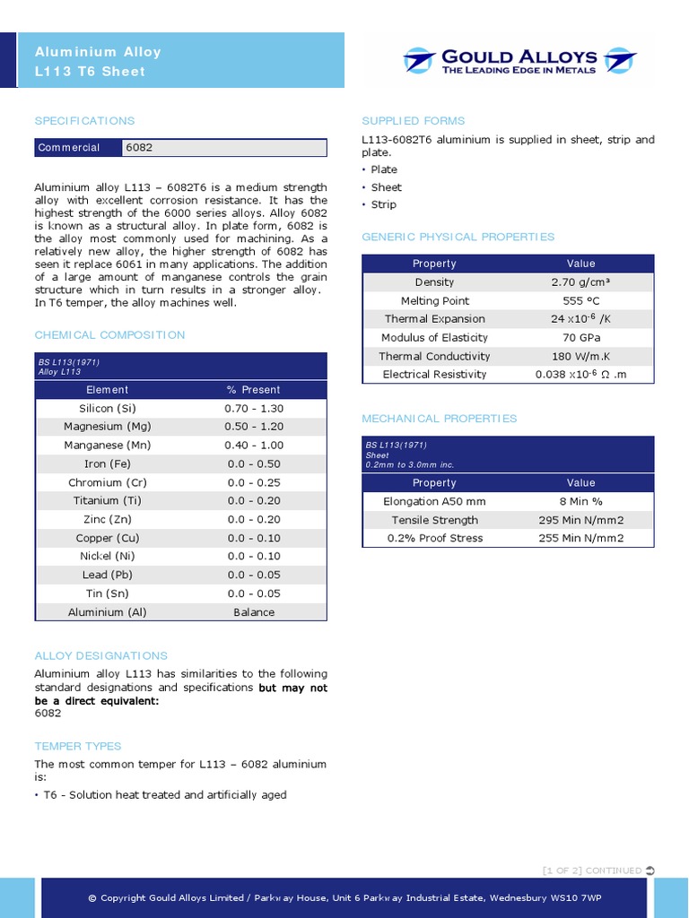 Aluminium Alloy L113 T6 Sheet: Specifications Supplied Forms | PDF ...