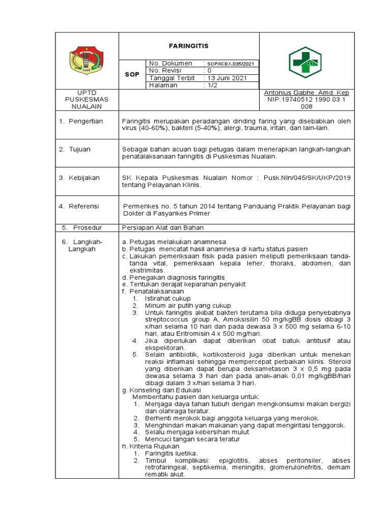 SOP Penatalaksanaan Faringitis | PDF