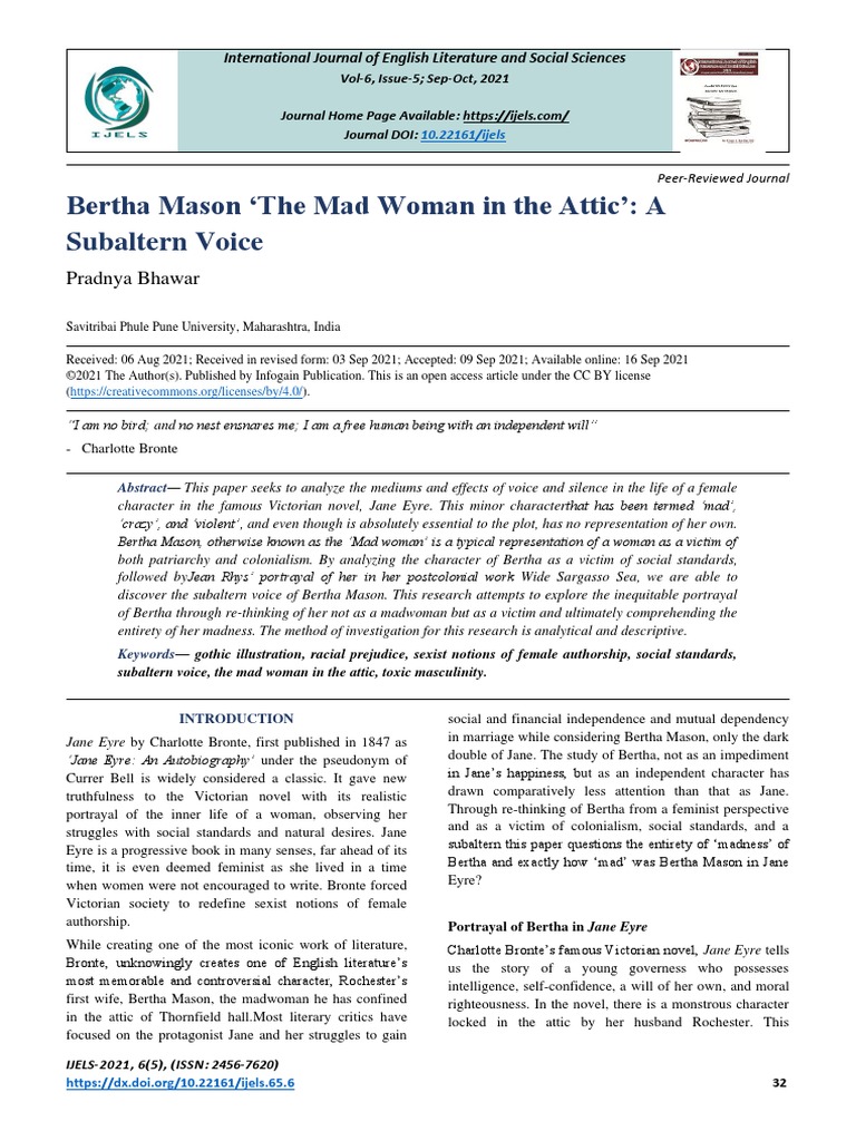 Bertha Mason The Mad Woman in The Attic': A Subaltern Voice | PDF ...