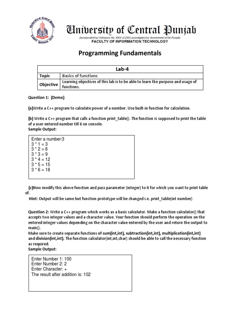 PF Lab 4 Summer | PDF | Subroutine | C++