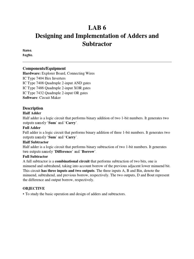 Lab 5 Adders Subtractors | PDF | Subtraction | Computer Science