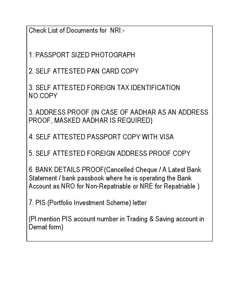 NRI Document Checklist | PDF | Finance & Money Management