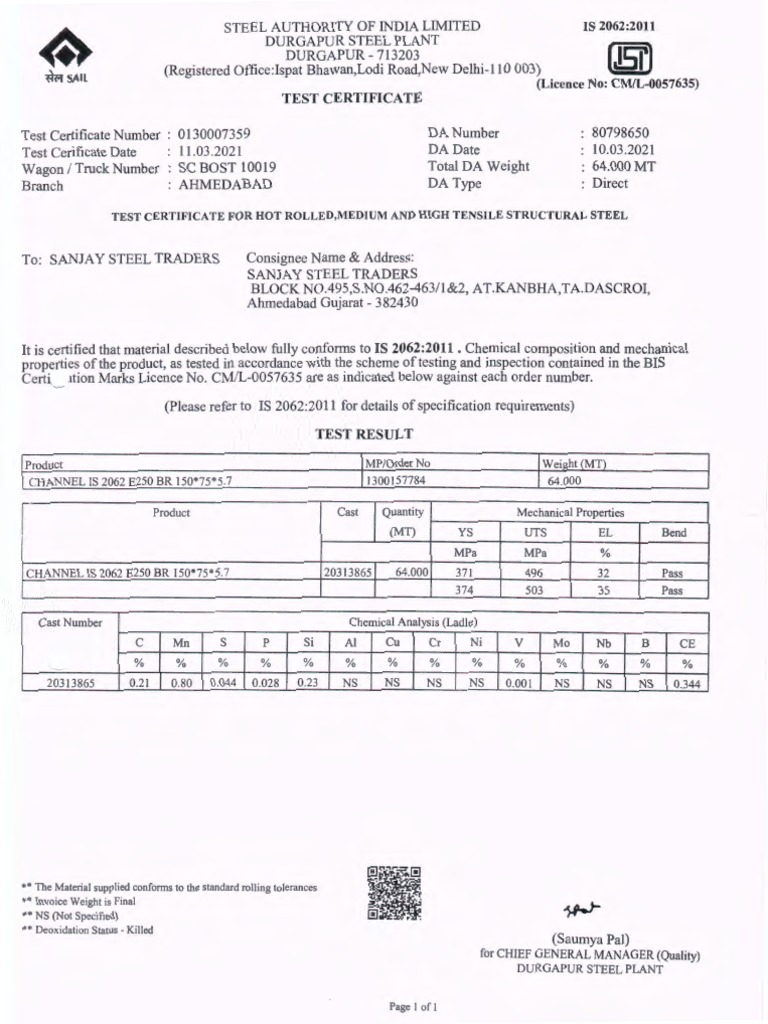 SAIL Hot Rolled Steel Test Certificate | PDF | Chemistry | Materials