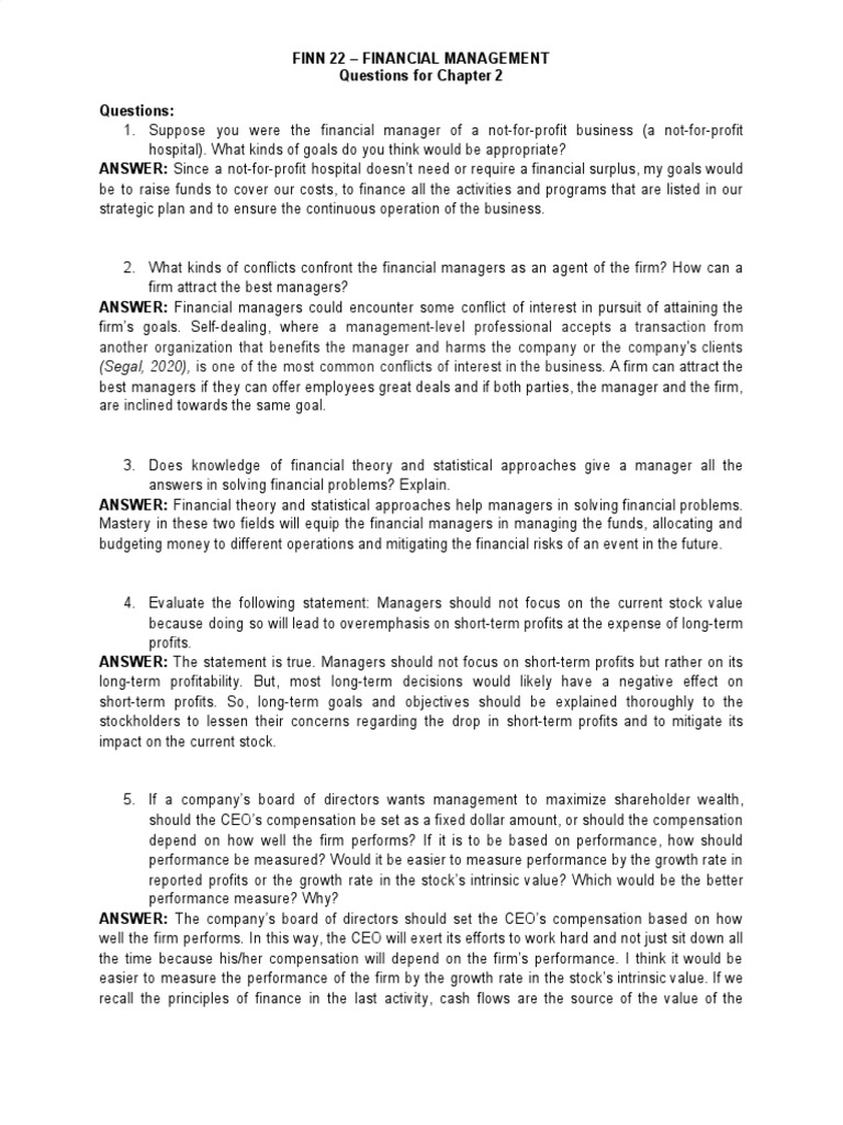 Finn 22 - Financial Management Questions For Chapter 2 Questions | PDF ...