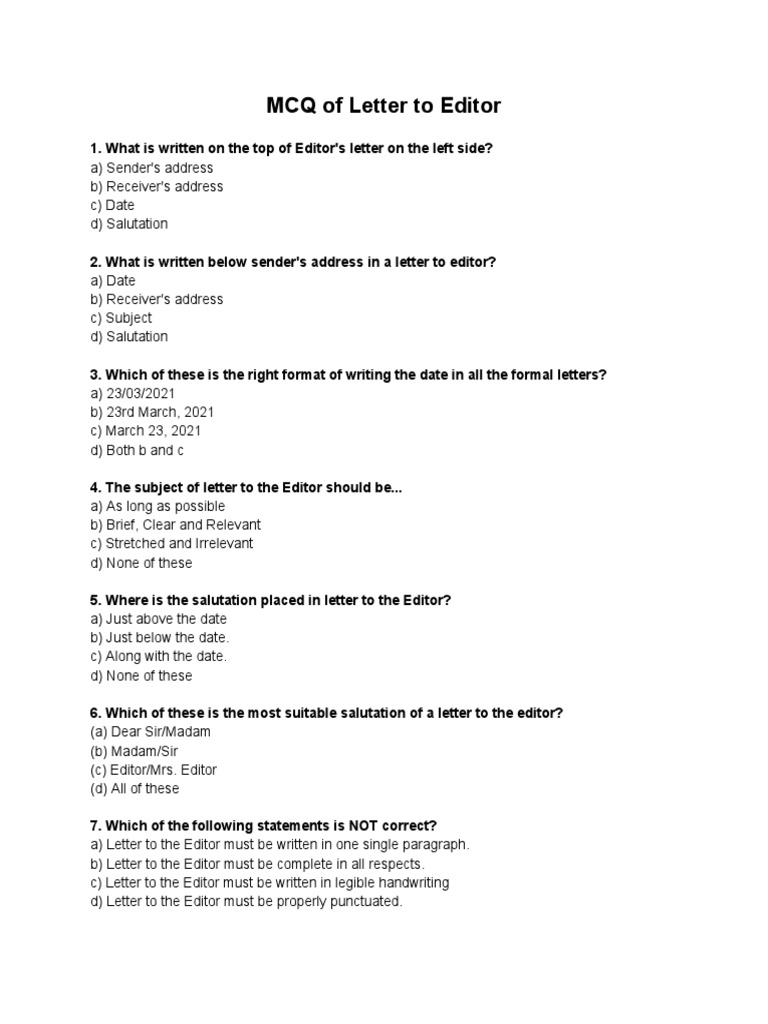 MCQ of Letter To Editor | PDF | Madam | Human Communication