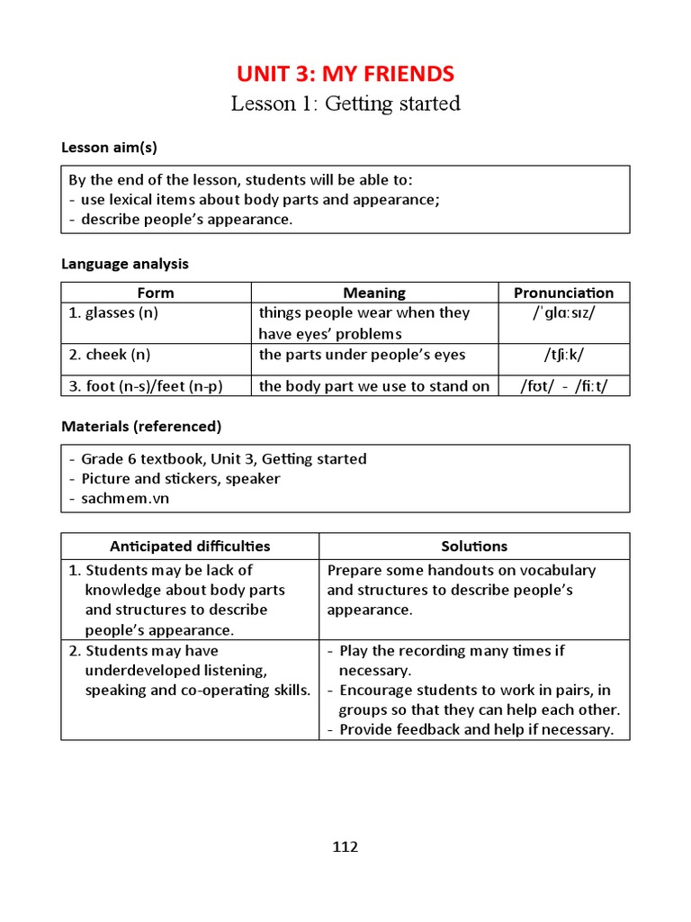 Unit 3: My Friends: Lesson 1: Getting Started | PDF | Vocabulary | Teachers