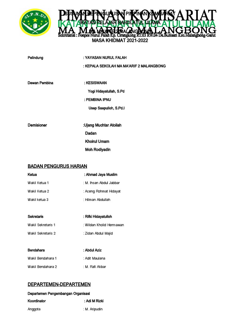 Susunan Pengurus IPNU Masa Khidmat 2021-2022 | PDF