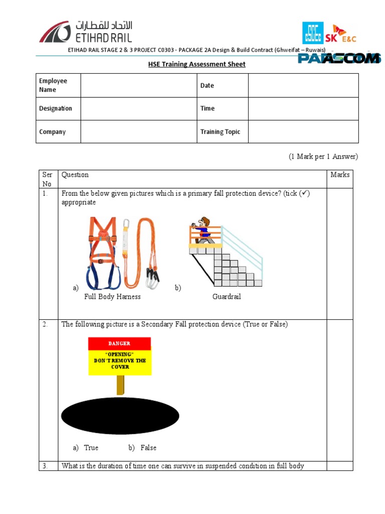 191103-HSE Training Assessment Sheet - Working at Height | PDF