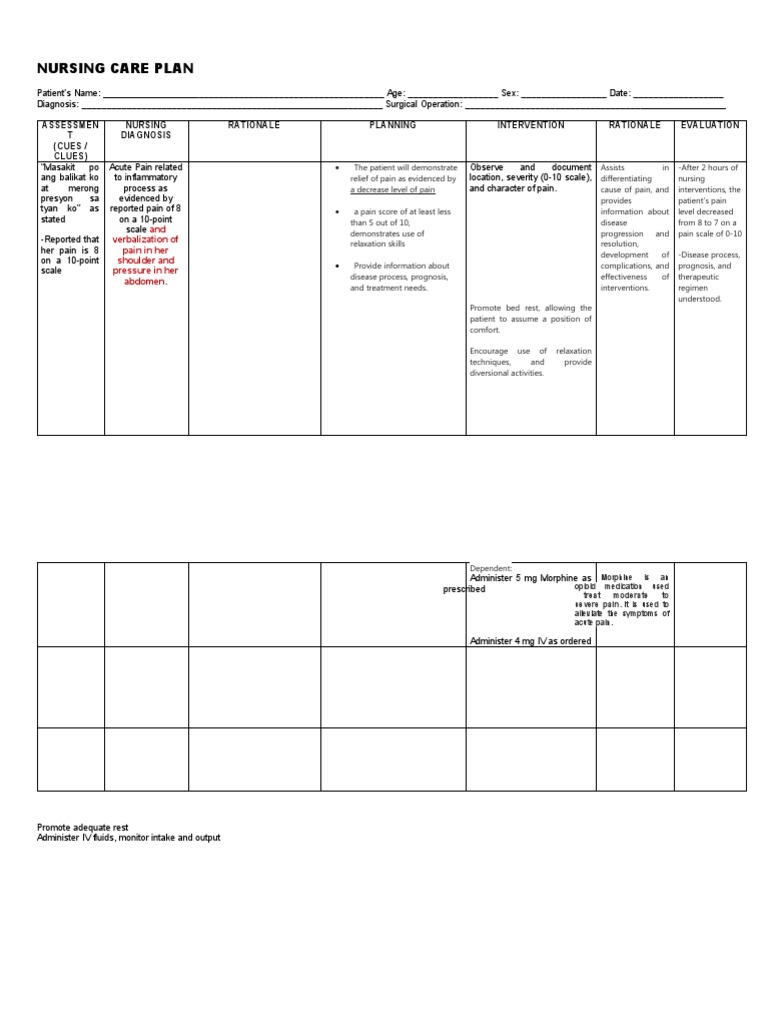 Nursing Care Plan: Assessmen T (Cues / Clues) Nursing Diagnosis Rationale Planning Intervention ...