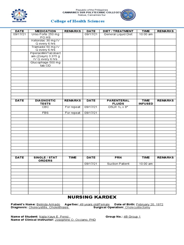 College of Health Sciences: Nursing Kardex | PDF