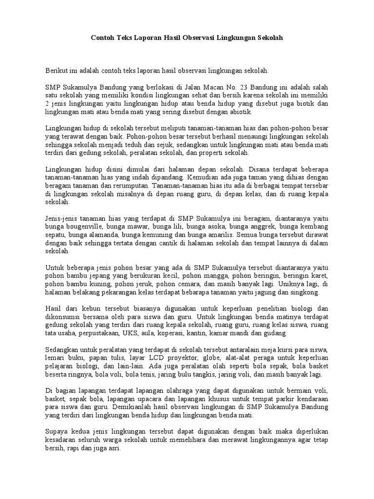 Contoh Teks Laporan Hasil Observasi Lingkungan Sekolah | PDF