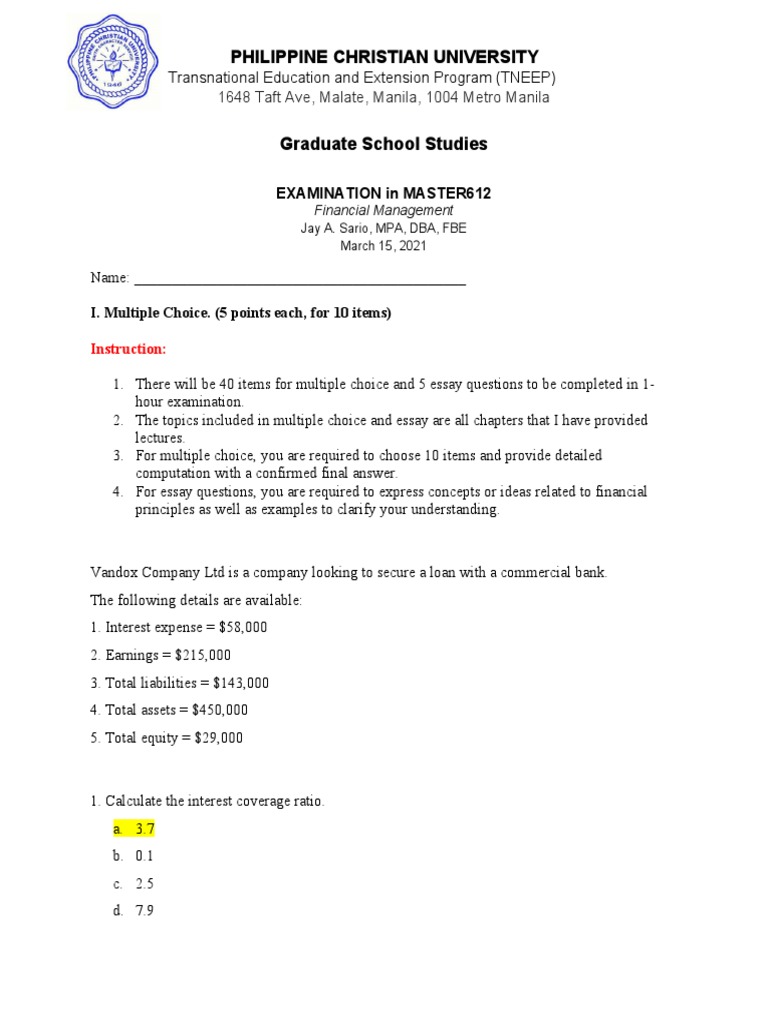 Unfinished essays-PCU-Financial-Mngt-Final-Examination | PDF | Dividend ...