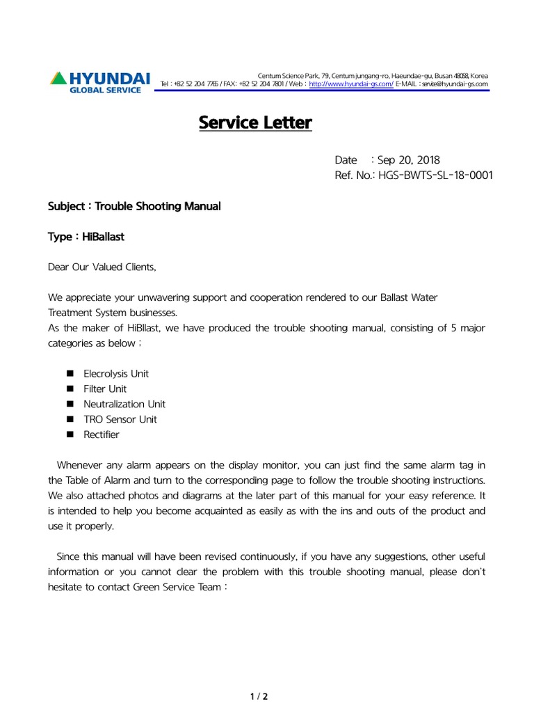 Service Letter: Date: Sep 20, 2018 Ref. No.: Hgs-Bwts-Sl-18-0001 ...