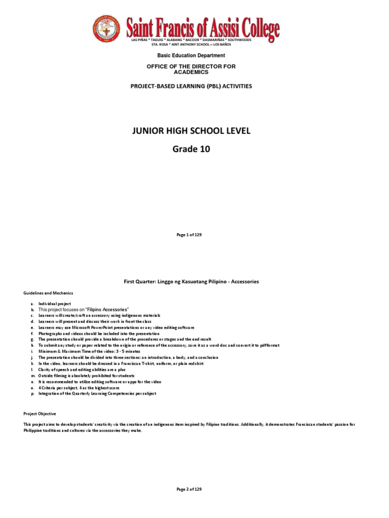 Junior High School Level Grade 10: Project-Based Learning (PBL ...