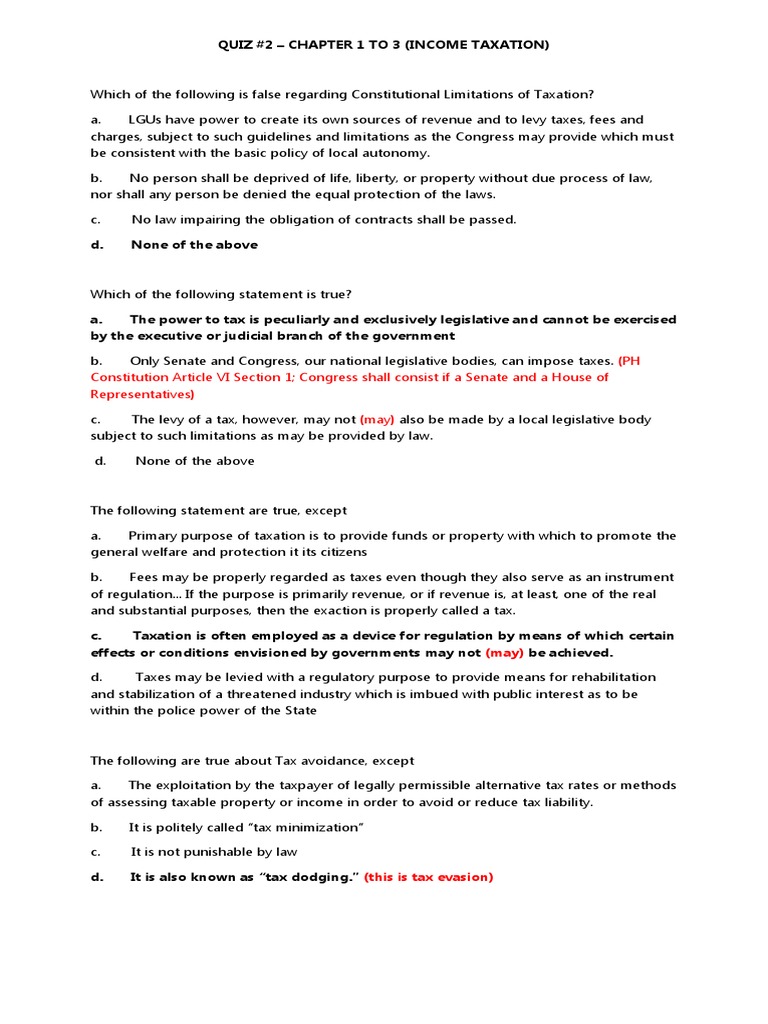 Income Taxation Quiz: Chapters 1-3 | PDF | Taxes | Taxpayer