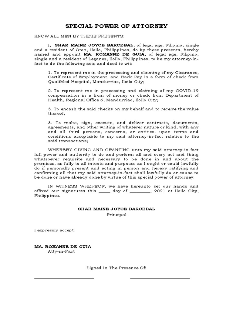 Spa Claim Check Sharmaine | PDF | Power Of Attorney | Notary Public