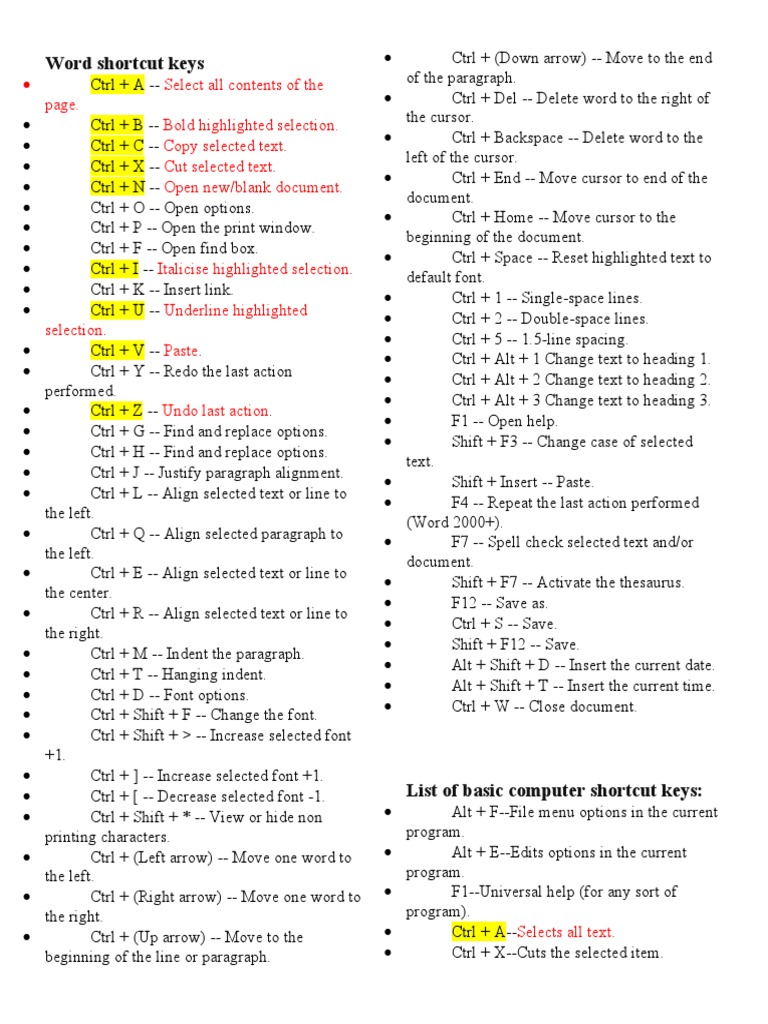 Shortcut Keys | PDF | Keyboard Shortcut | Control Key