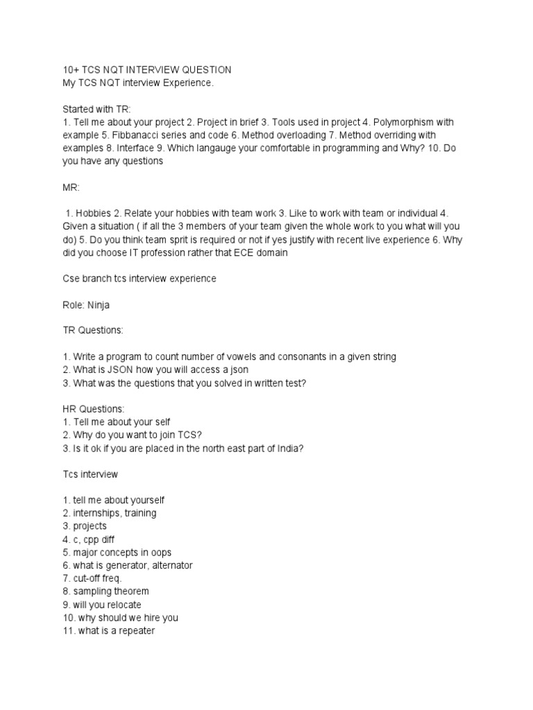 10+ TCS NQT Interview Questions and Experiences | PDF | Sql | Pointer (Computer Programming)