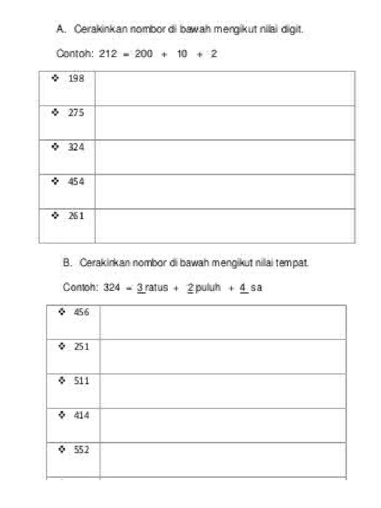 Latihan Nilai Tempat, Nilai Digit Dan Cerakin | PDF