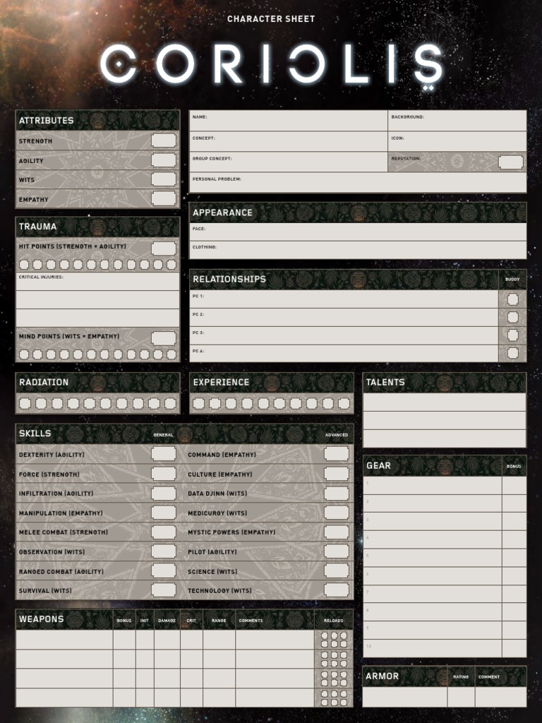 Coriolis RPG Character Sheet Template | PDF | Leisure Activities ...