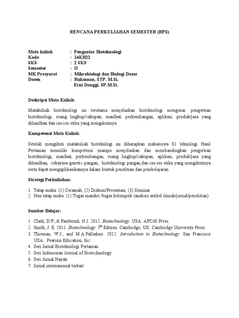 Rencana Perkuliahan Semester Bioteknolog | PDF | Sains & Matematika