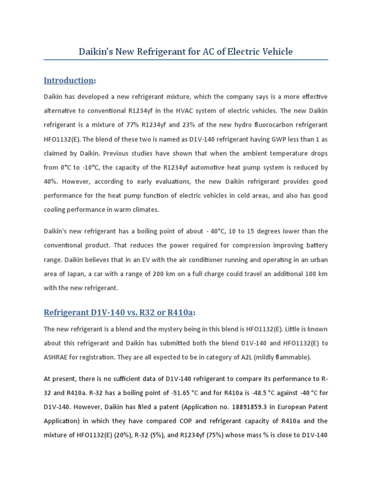 Daikin's D1V-140 Refrigerant for EVs | PDF | Engineering Thermodynamics ...